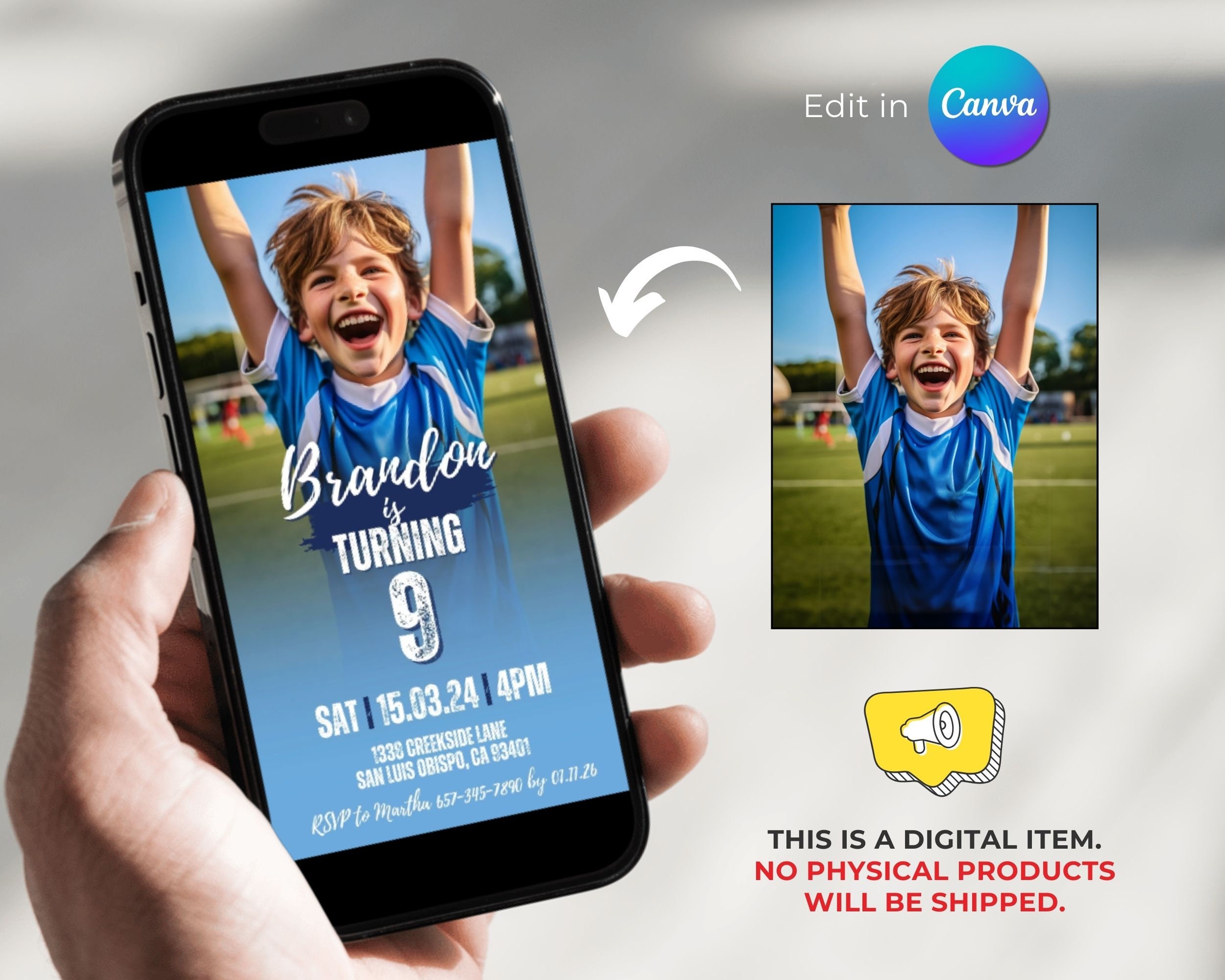 Soccer Birthday Invitation With Photo, Soccer Electronic Invite ...