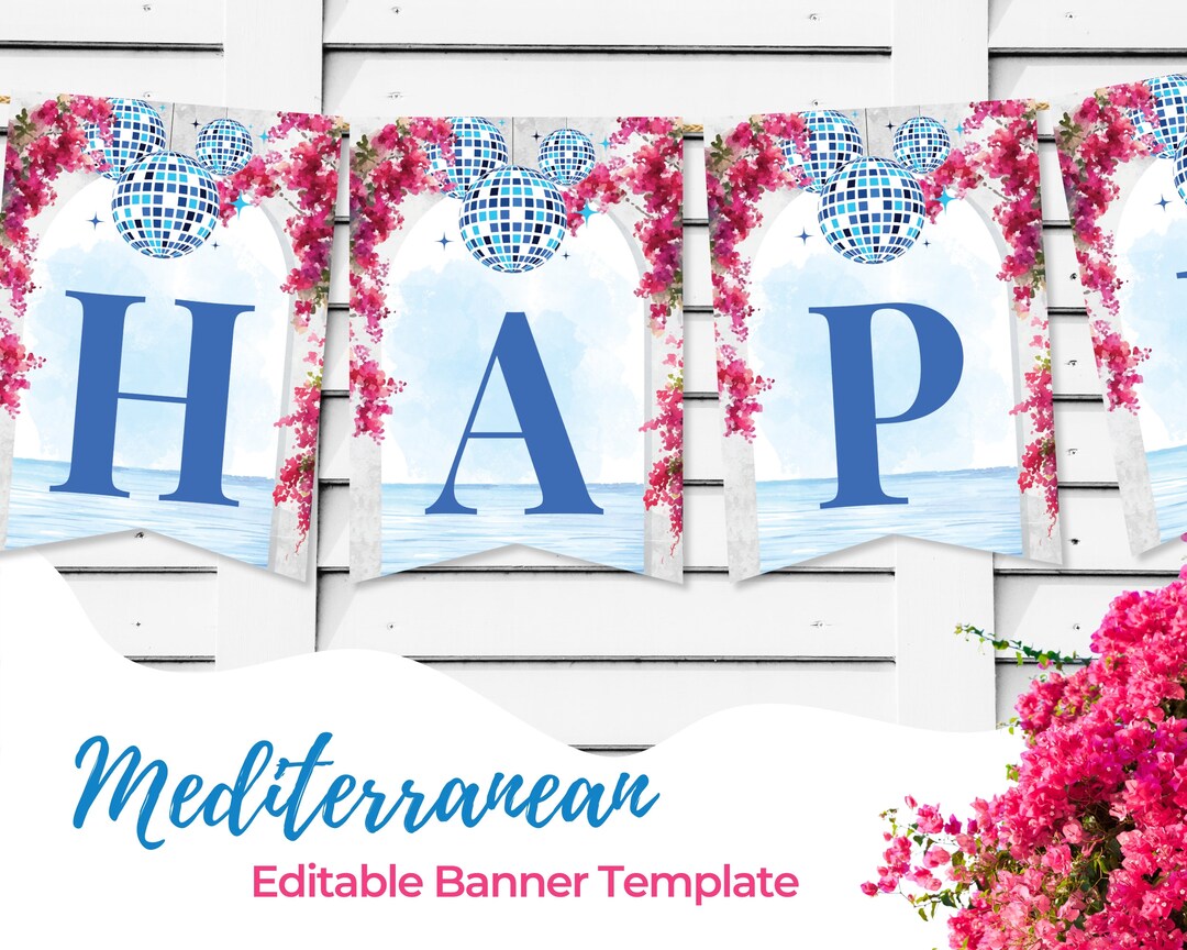Mediterranean Banner Template, Greece Theme Editable Bunting, Custom ...