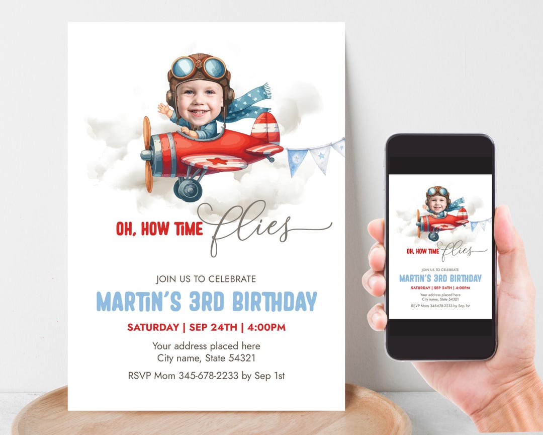 Pilot Birthday Invitation With Photo, Airplane Party Invite With Your ...