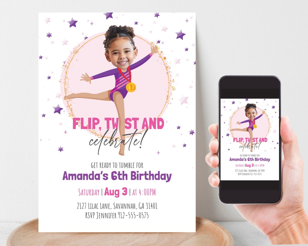 Gymnastics Birthday Invitation With Photo, Gymnastics Party Invite With ...