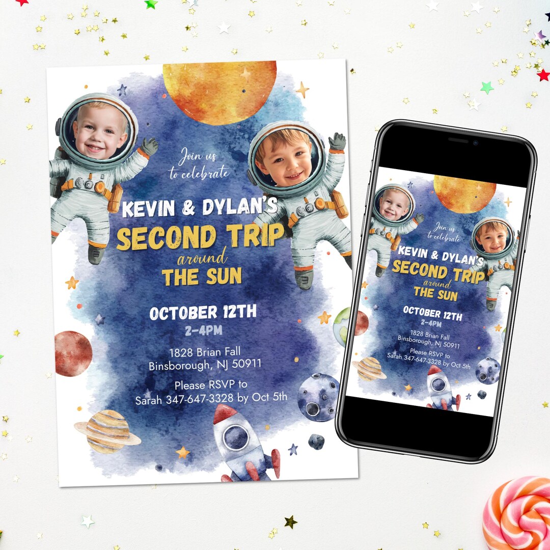 Twins Photo Outer Space Birthday Invitation, Siblings Astronaut Any Age ...