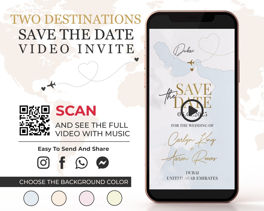 Two Destinations Save the Date Video, World Map Digital Animated ...