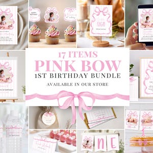 Pink Bow Happy Birthday Banner Editable Template, First Birthday ...