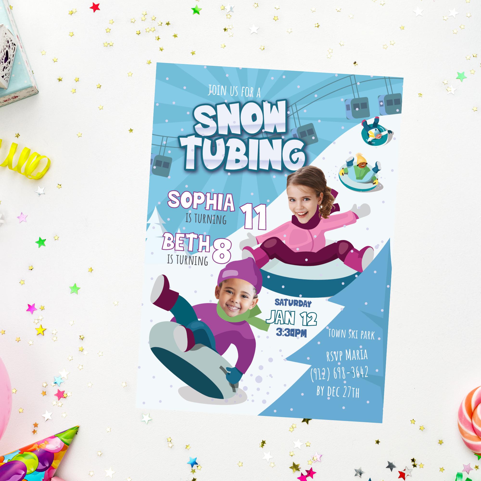 Siblings Photo Snow Tubing Birthday Invitation, Twins Holiday Invite ...