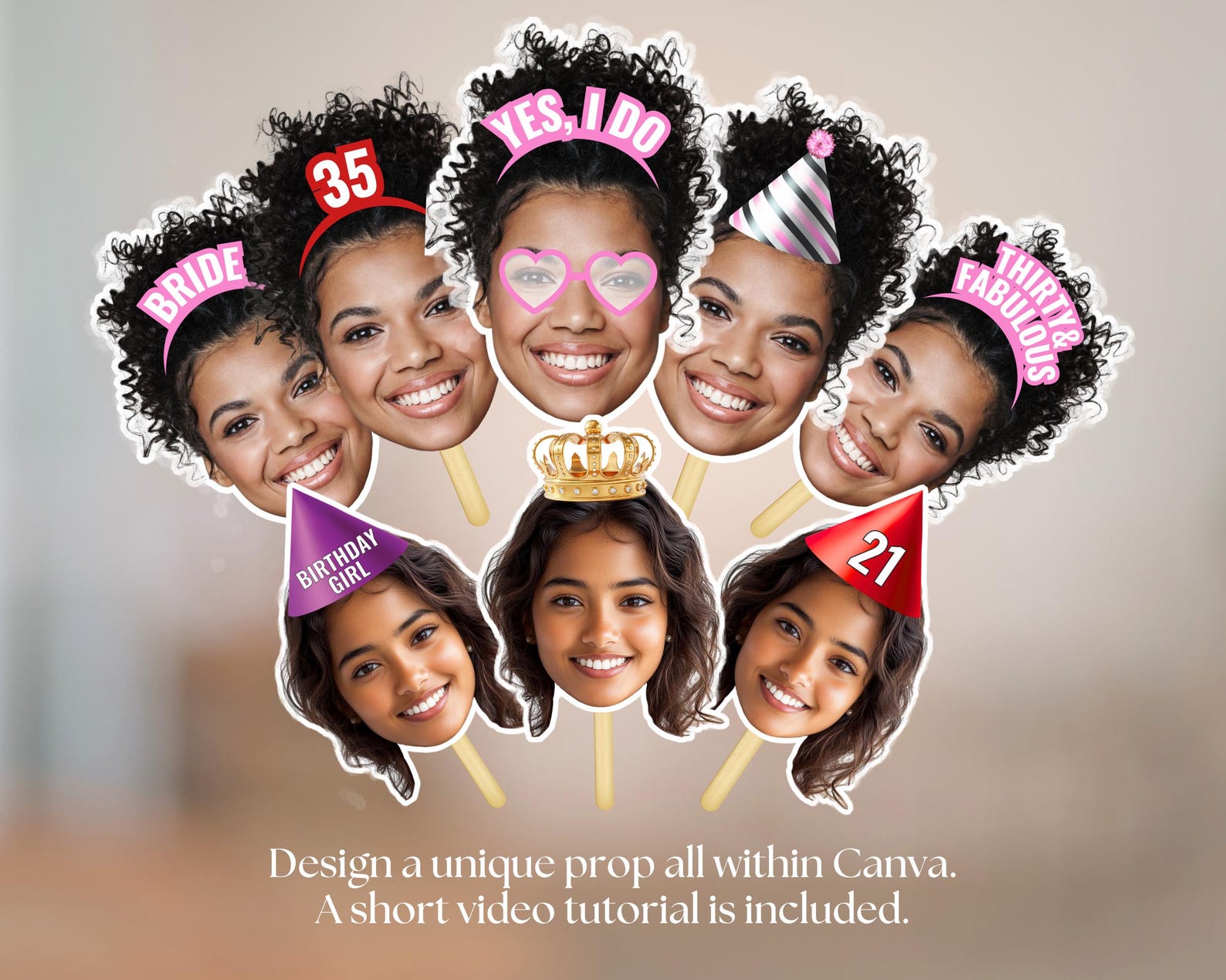 Party Hat Face on a Stick Canva Template, DIY Custom Photo on a Stick ...