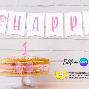 Pink Bow Happy Birthday Banner Editable Template, First Birthday ...