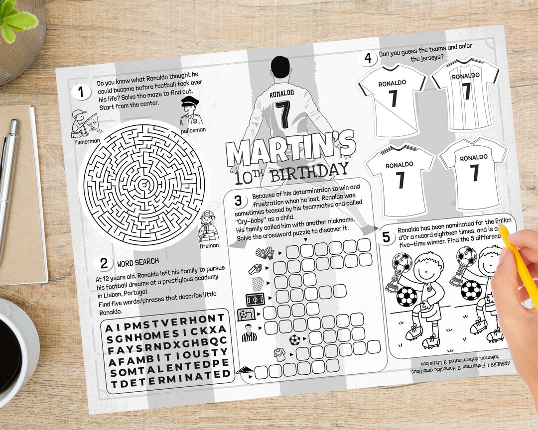 Ronaldo Themed Birthday Activity Page, Soccer Activity Sheet ...
