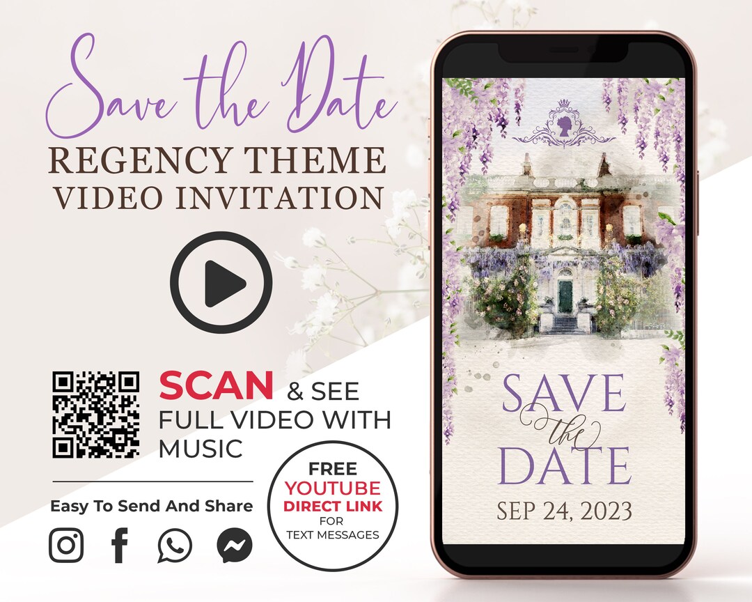Save the Date Regency Birthday Video Invitation, Wisteria Bridal Shower ...