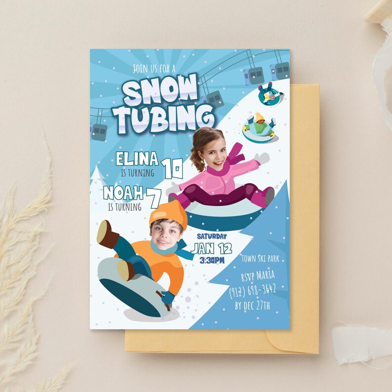 Siblings Photo Snow Tubing Birthday Invitation, Twins Holiday Invite ...