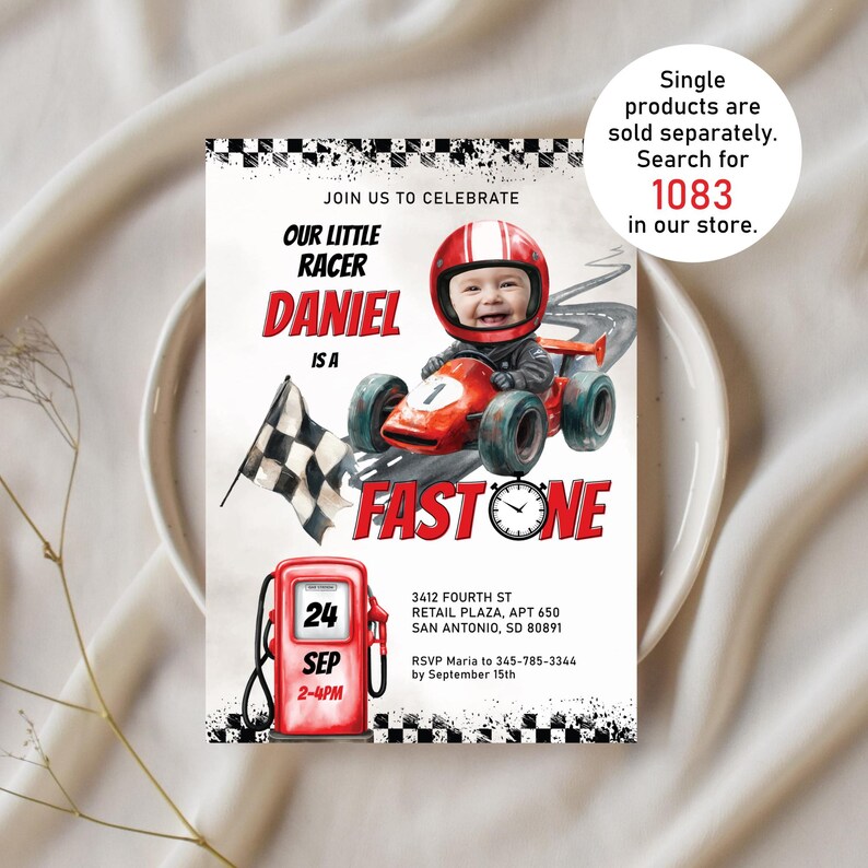 Photo Red Fast One 1st Birthday Welcome Sign, Racing Car Editable ...