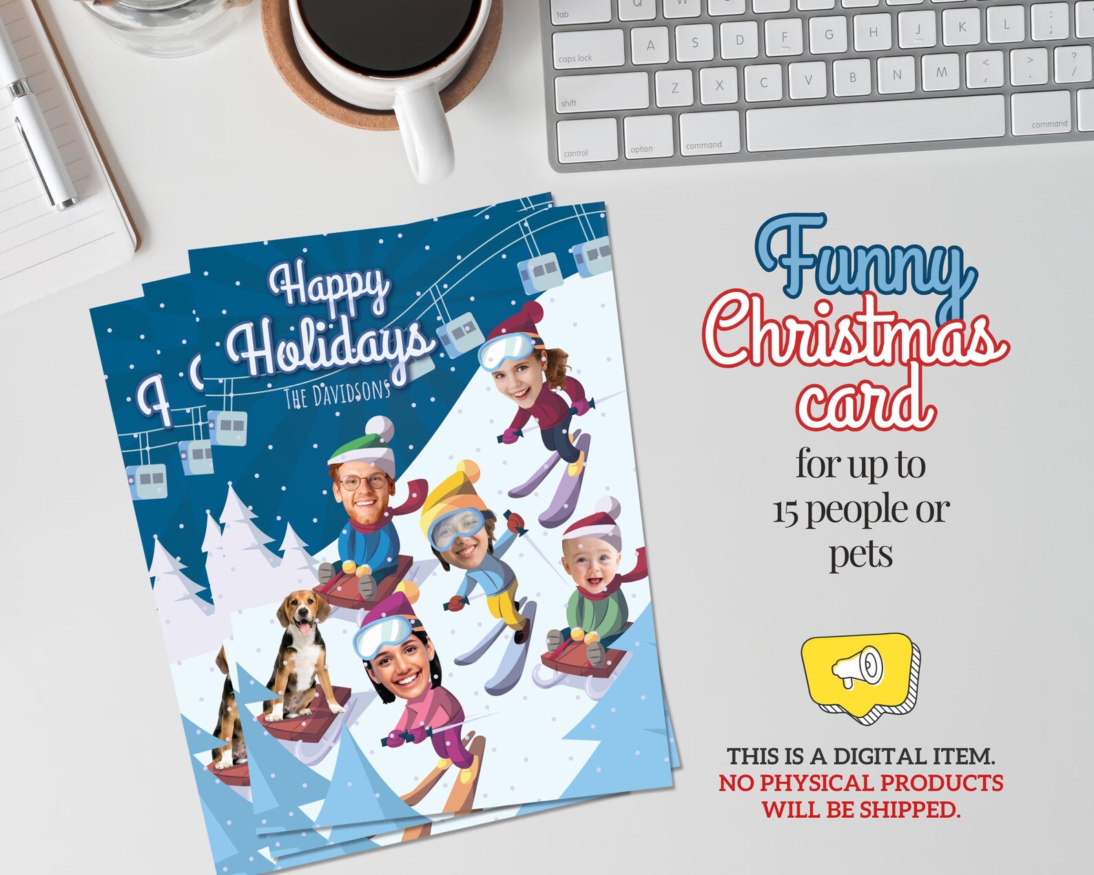 Funny Photo Christmas Greeting Card, Skiing Family or Company Holiday ...