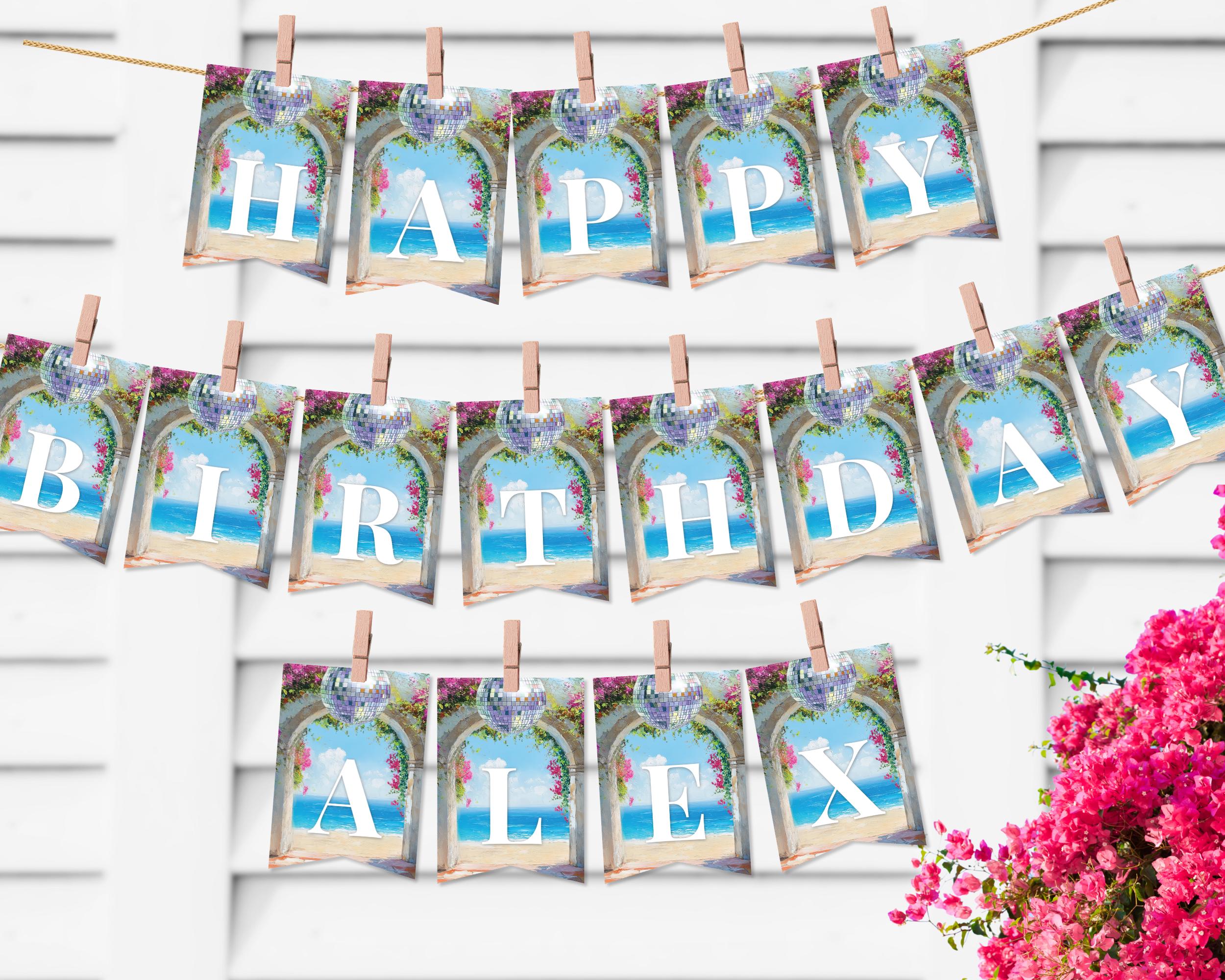 Mediterranean Banner Editable Template, Disco Ball Greece Bunting ...