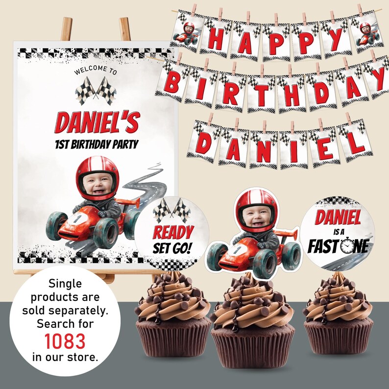 Photo Red Fast One 1st Birthday Welcome Sign, Racing Car Editable ...