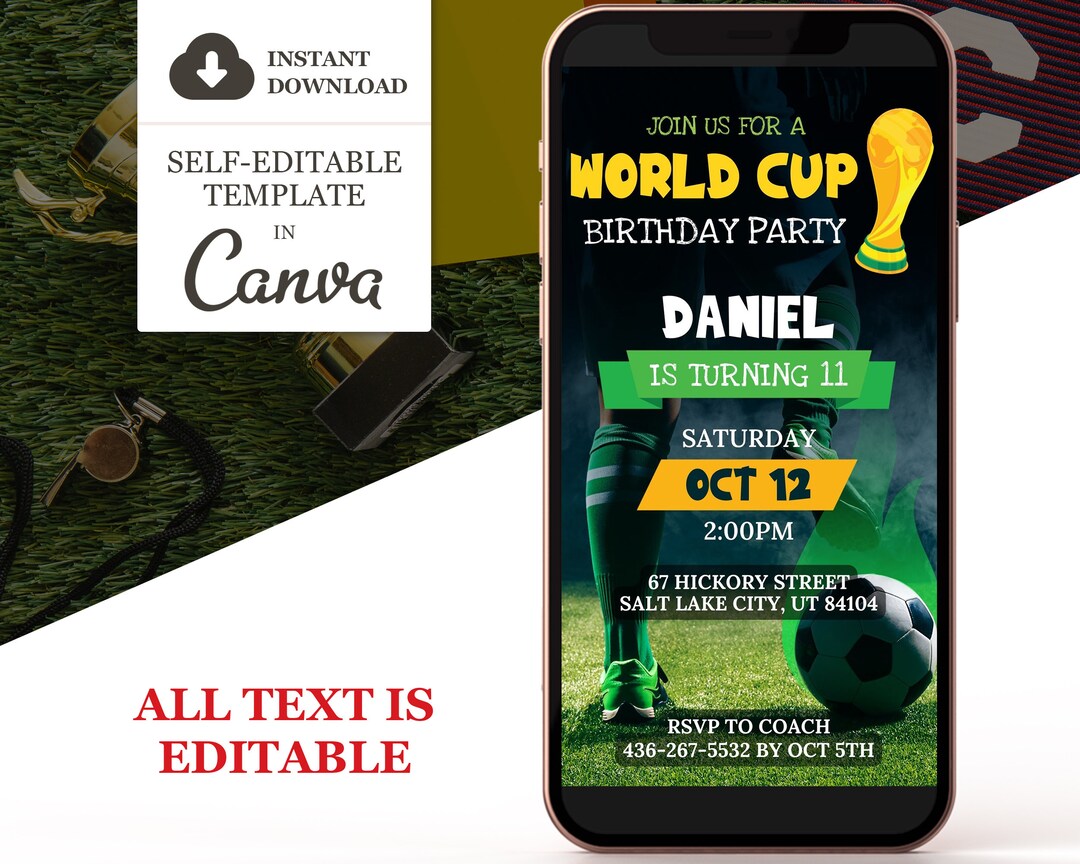 Soccer World Cup Digital Invitation, Electronic Birthday Party Invite ...