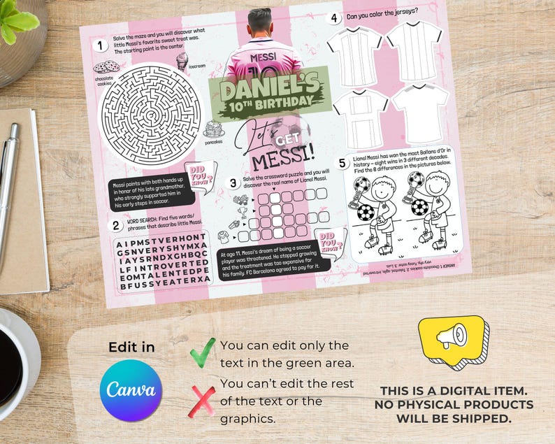 Messi Themed Birthday Activity Page Editable Template, Soccer Activity ...