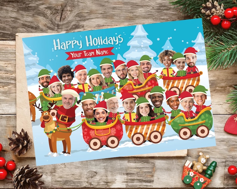 Funny Photo Christmas Greeting Card, Elves in Train Family or Company ...