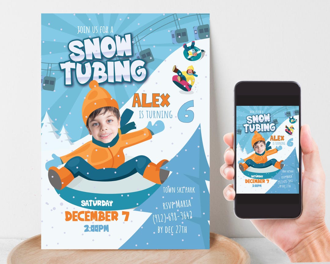 Snow Tubing Birthday Invitation With Your Photo, Any Age Winter Snow ...