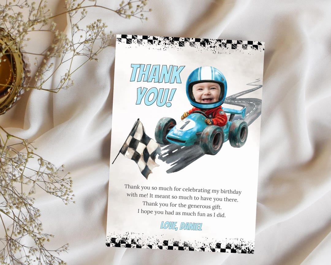 Photo Blue Fast One 1st Birthday Thank You Card, Boy Face Racing Car ...