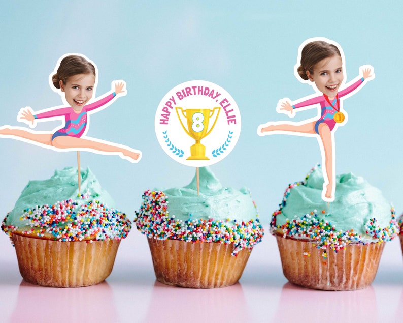 Girl Gymnast Cupcake Toppers With Photo, Gymnastics Birthday Party ...