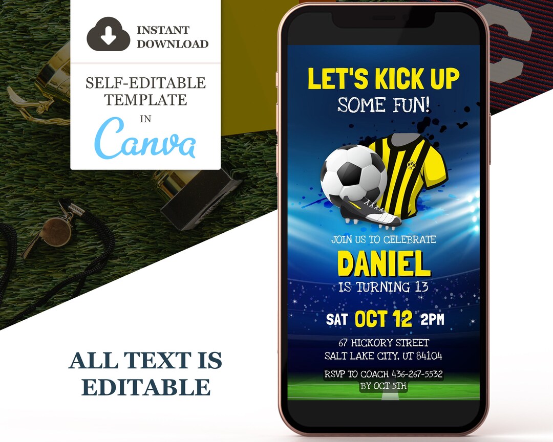 Soccer Birthday Invitation, Soccer Electronic Party Invite, Football ...