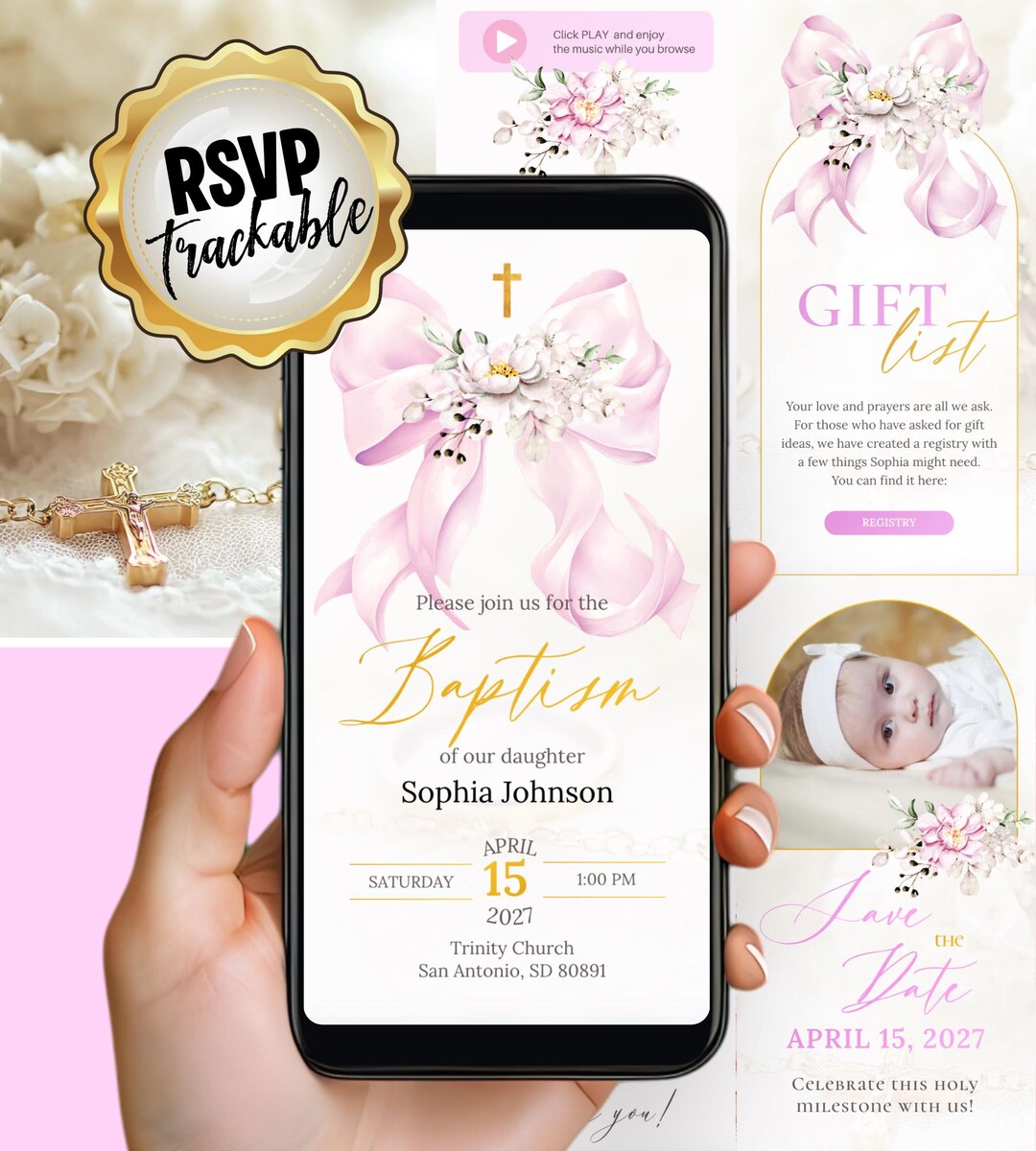 Pink Bow Baptism Invitation, Girl Coquette Ribbon Invite, Gold ...