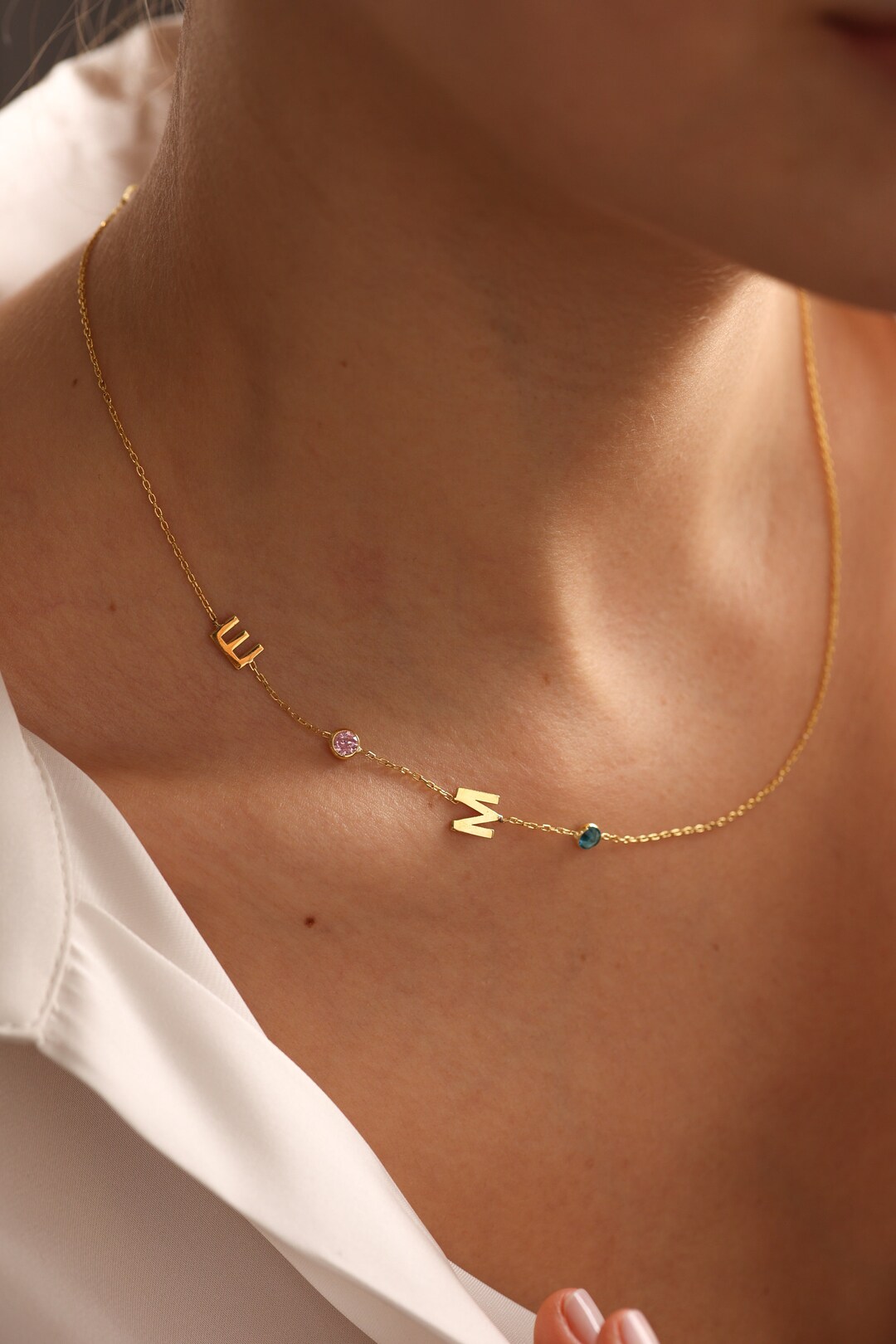 Initial Birthstone Necklace Personalized Necklace - Etsy