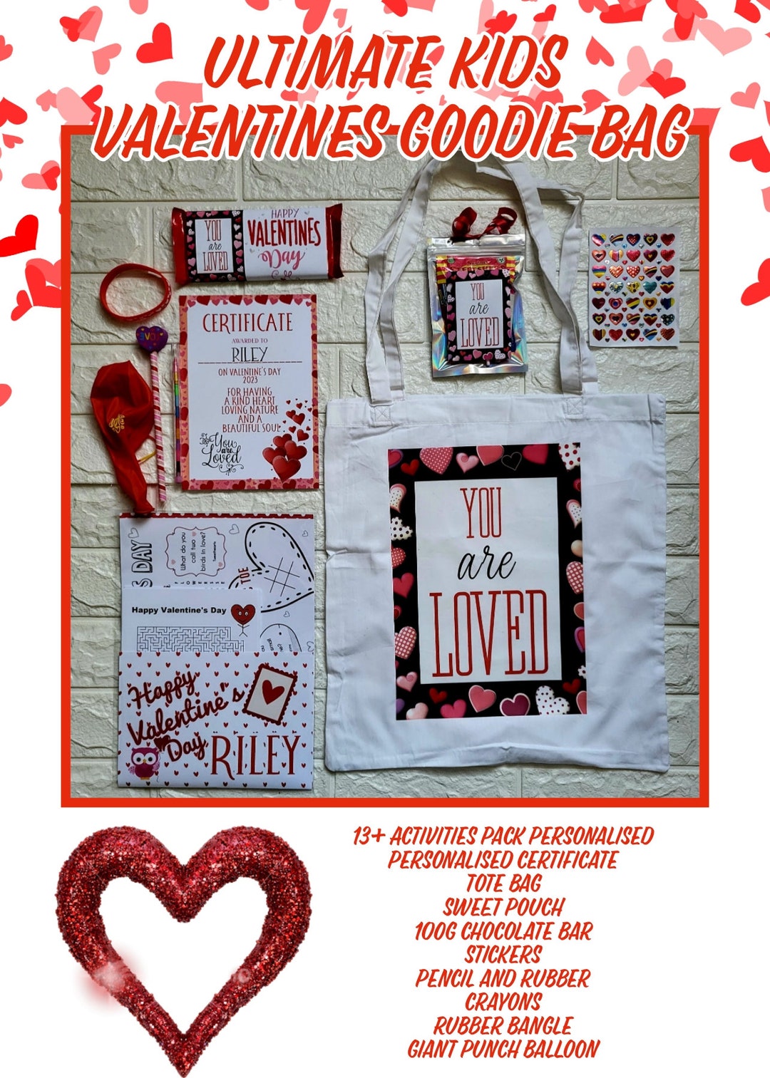 Valentines Kids Activity Pack Goodie Bag Chocolate Bar Sweet Pouch ...