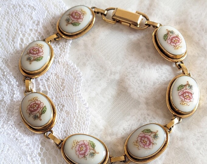 Vintage Gold Filled Porcelain Floral Bracelet - Etsy