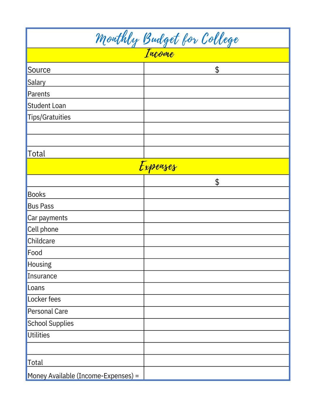 Digital Monthly Budget for College - Etsy