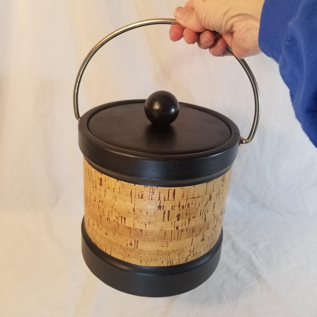Vintage Mid Century Modern Cork Faux Black Leather Ice Bucket Barware ...
