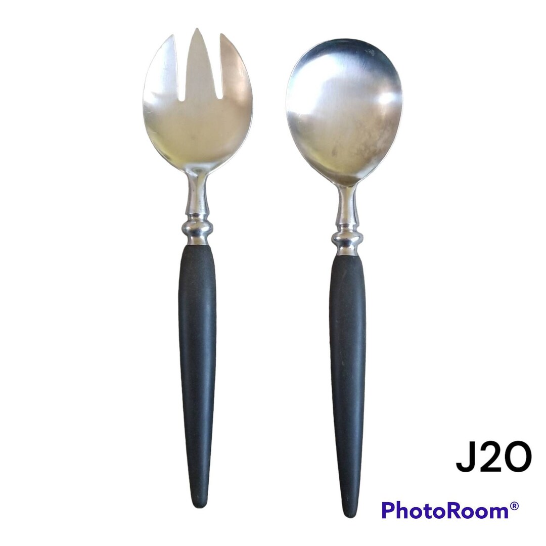 Silvercraft Forged Stainless Black Handles Salad Serve Set Fork & Spoon ...