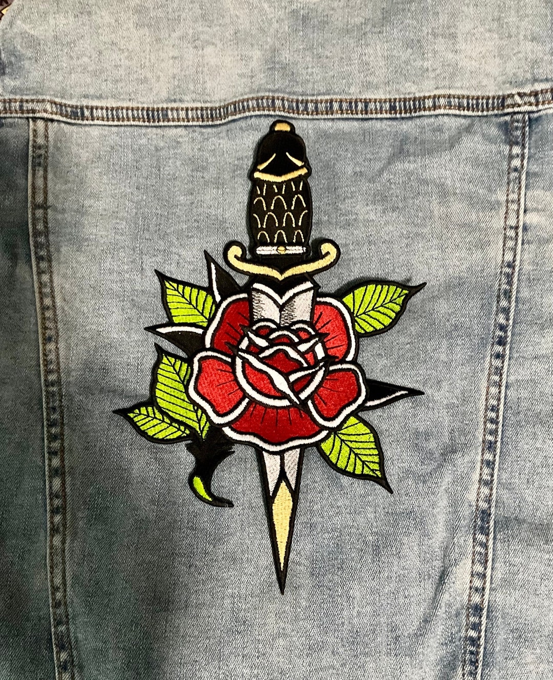 Large Vintage Tattoo Style Rose and Dagger Iron-on/sew-on Back Patch ...