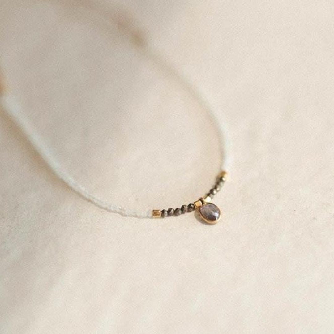 Moonstone Necklace With Iolite Pendant, Dainty Gold Beaded Layering ...