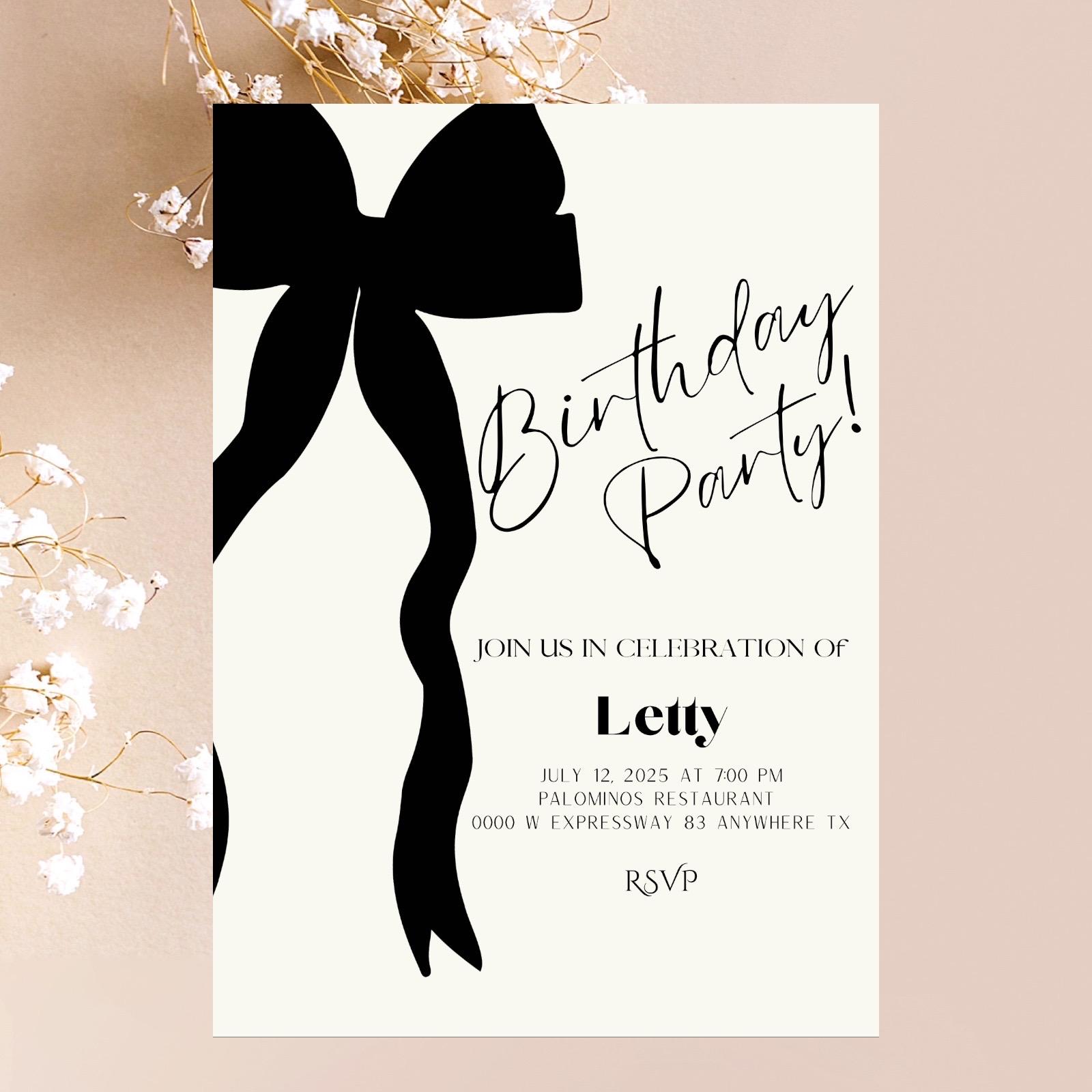 Black Bow Birthday Invitation Template: Editable Printable (digital ...