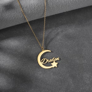 Crescent Moon Name Necklace for Women, Minimalist Moon Necklace ...