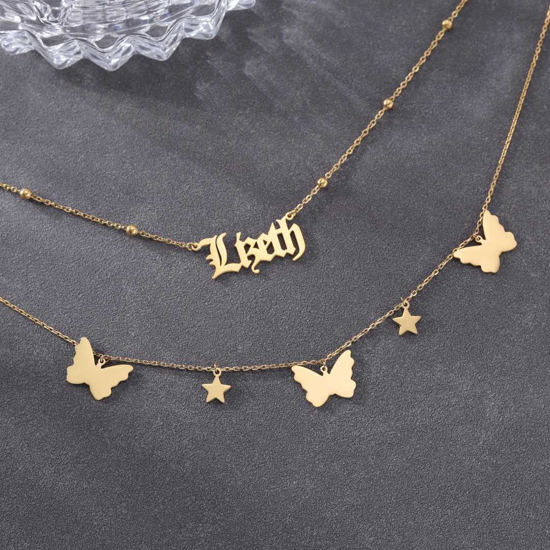 Layered Name Necklace With Butterfly, Personalize Multi Butterfly ...