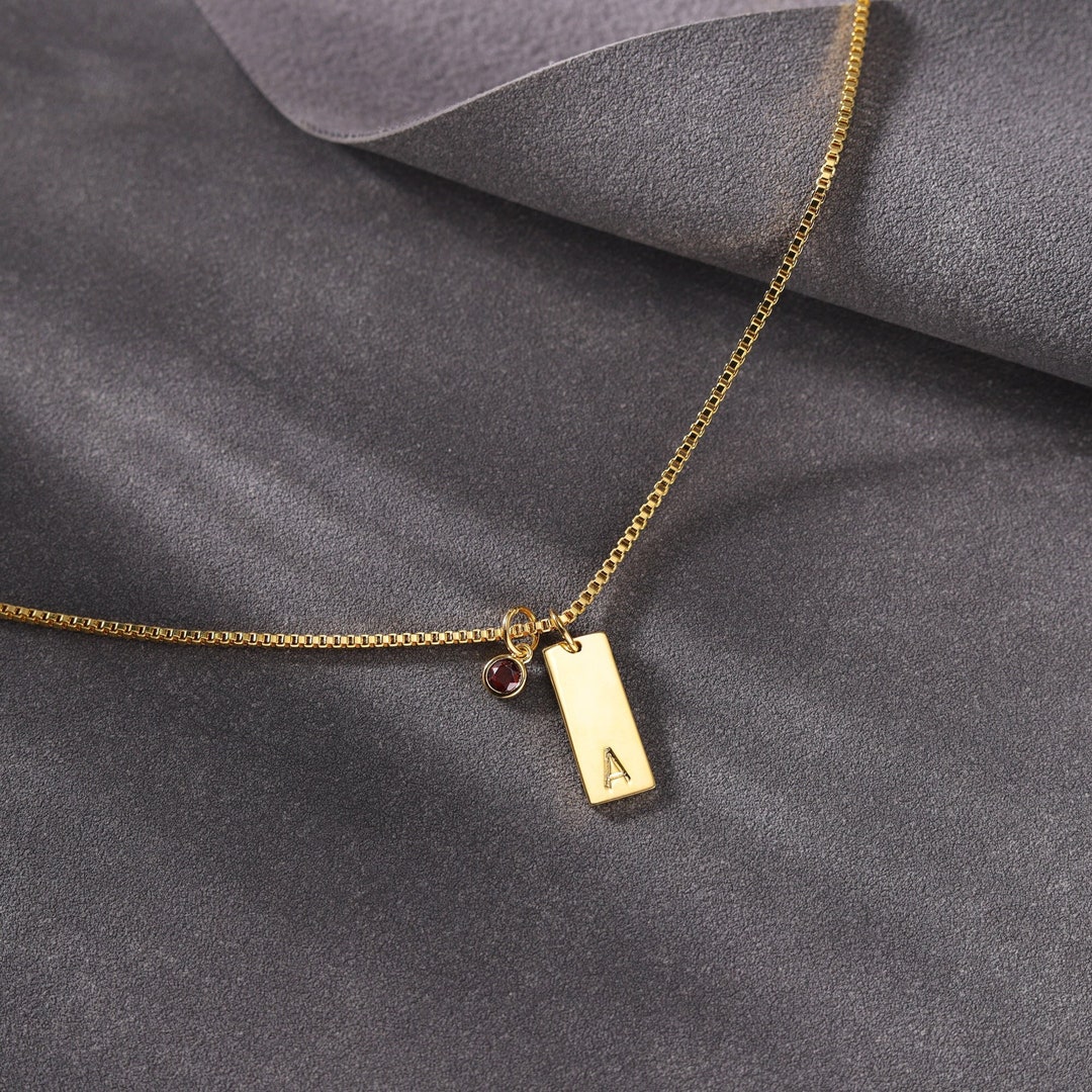 Initial and Birthstone Box Chain Necklace, Birthstone Initial Tag ...