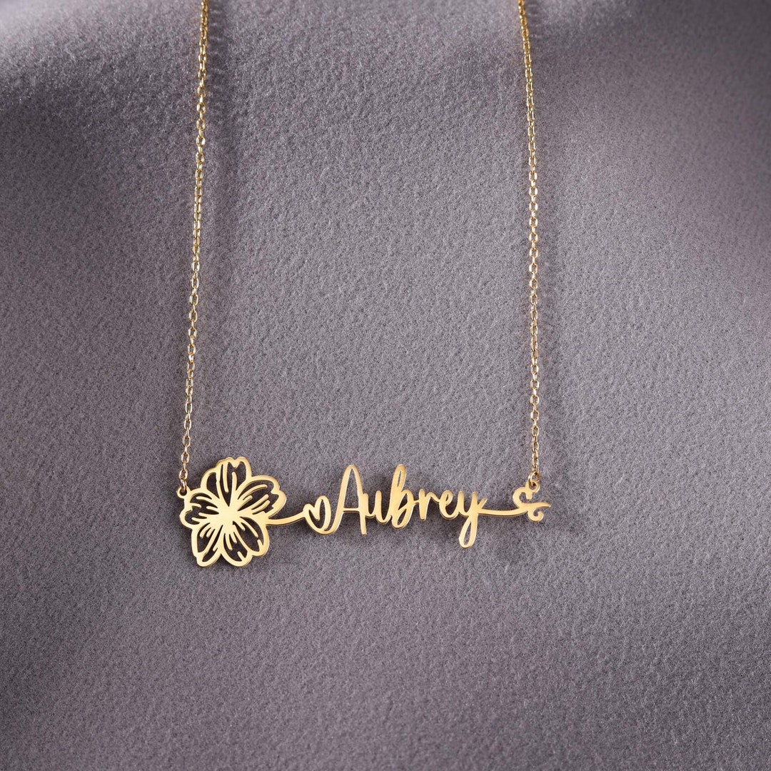 Birth Flower Name Necklace, Silver Name Necklace With Birth Flower ...