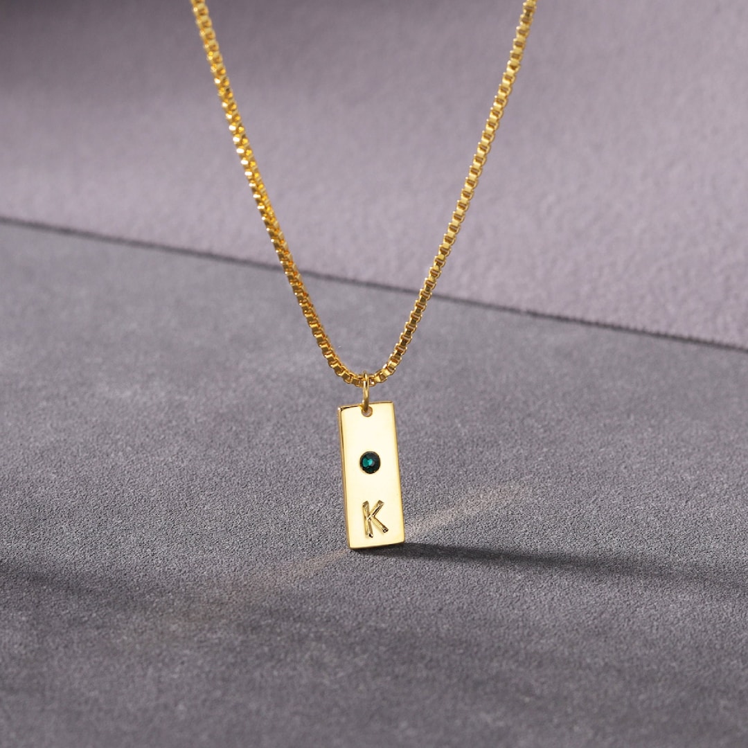 Initial and Birthstone Box Chain Necklace, Birthstone Initial Tag ...