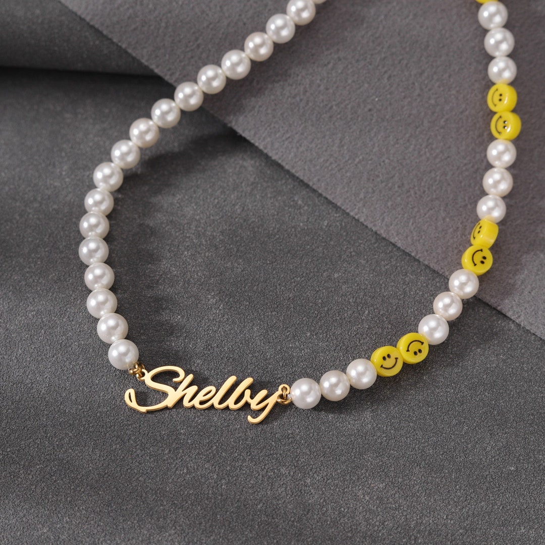 Smiley Face Pearl Name Necklace, Personalized Y2k Freshwater Pearl Name ...