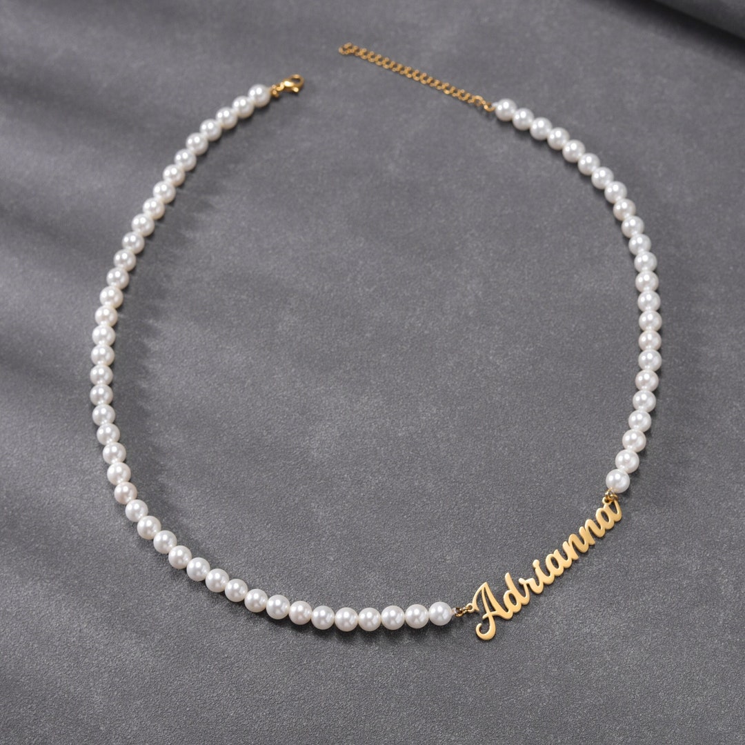 Custom Pearl Necklace With Sideway Name, Personalized Pearl Name ...