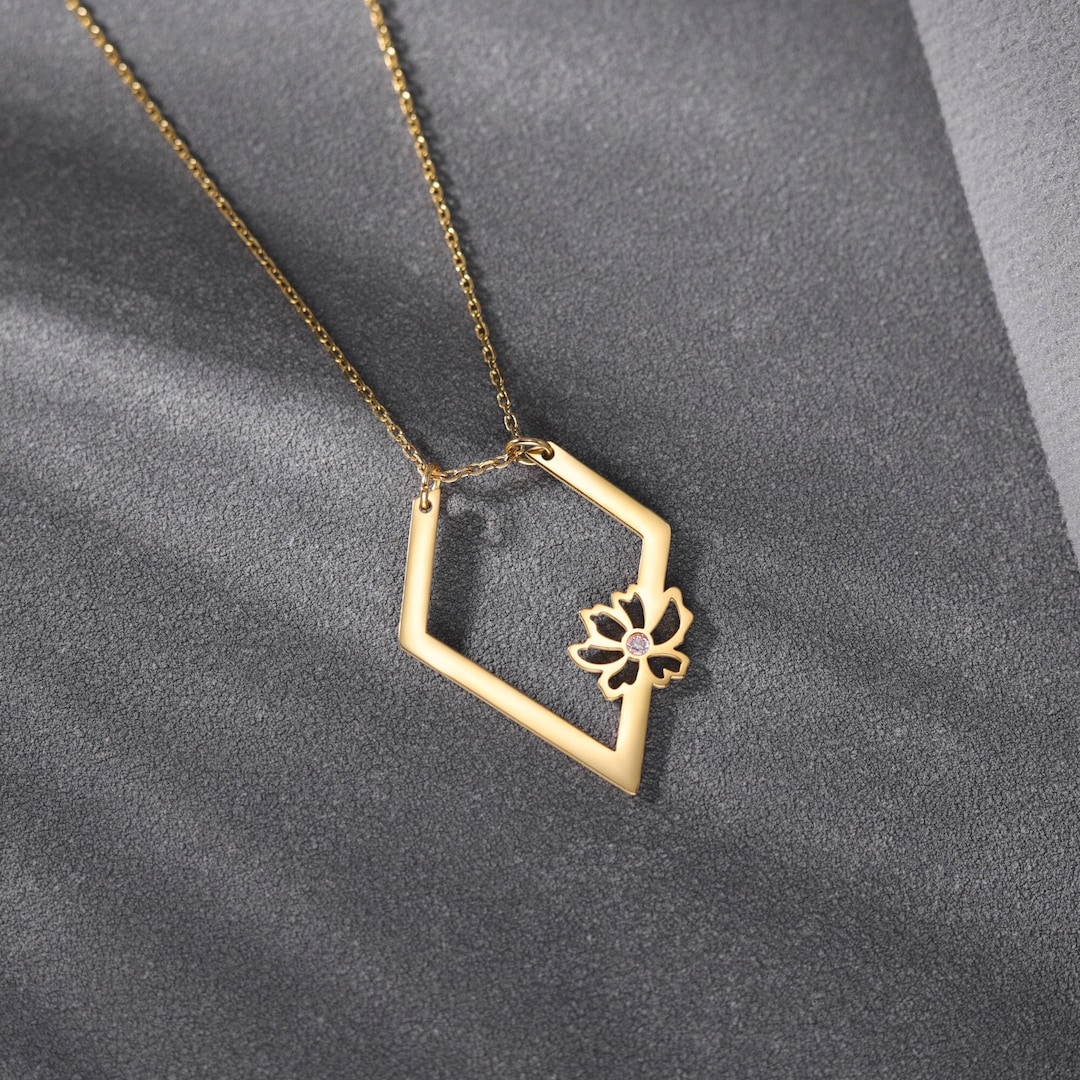 Birth Flower Ring Holder Necklace Geometric, Engagement Ring Keeper ...