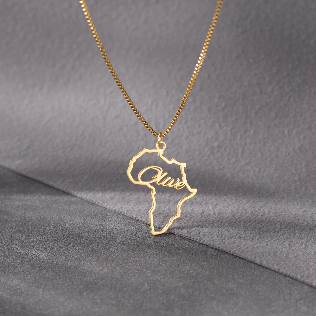 Custom Africa Map Name Necklace, Map Pendant With Box Chain, Travel ...