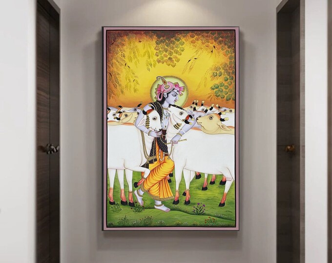 Krishna Detailed Pichwai Handmade Painting on Fabric, Original Krishna ...