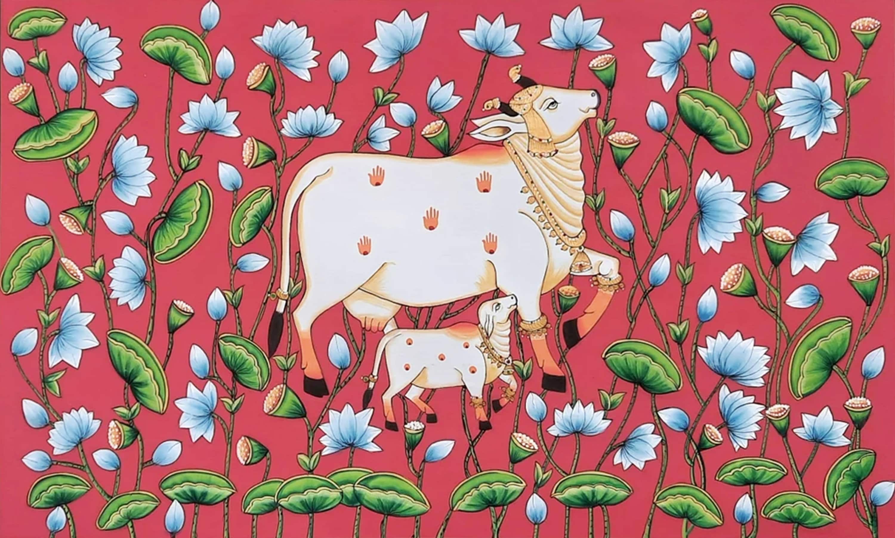 Pichwai Painting of Cow and Lotus Wall Art Work, Traditional Indian ...