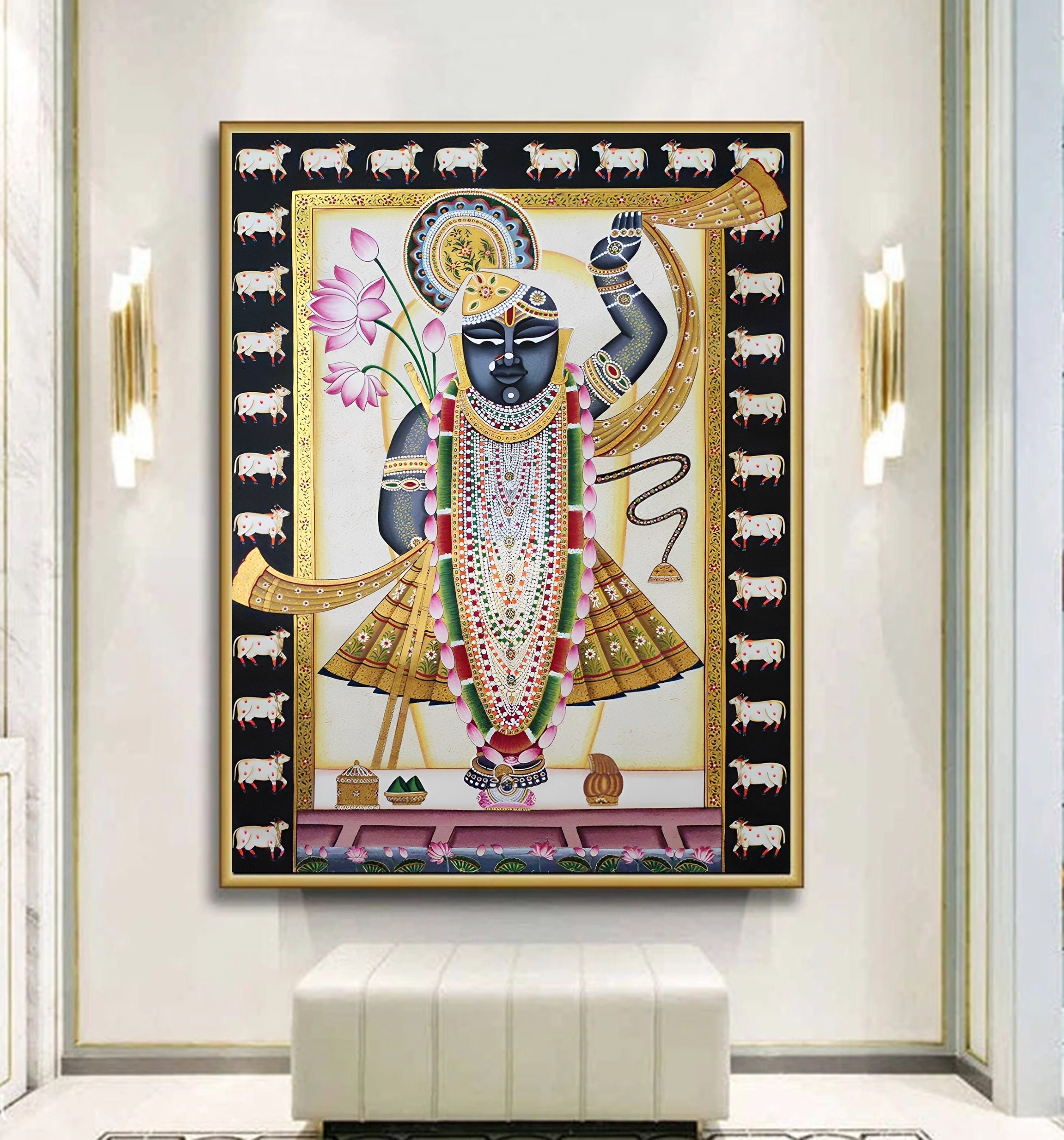 Shrinathji Pichwai Painting, Cow Pichwai Art Handmade Natural Stone ...