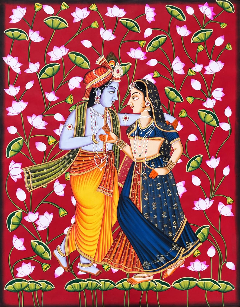 Radha Krishna Detailed Pichwai Handmade Painting on Fabric With Lotus ...