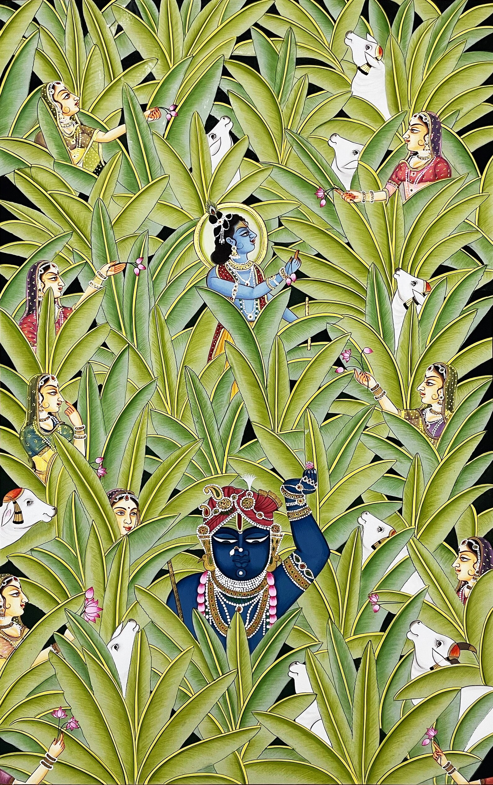 Lord Krishna and Shrinathji Pichwai Painting, Cow Pichwai Art Handmade ...