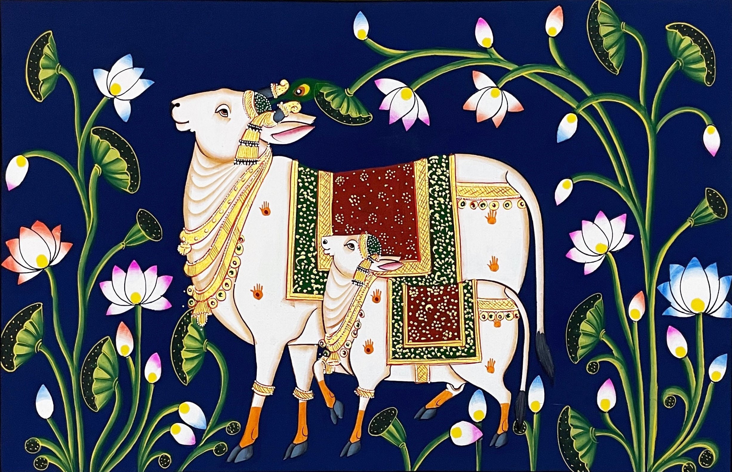 Pichwai Painting of Cow and Lotus Wall Art Work, Traditional Indian Pichwai Painting for Home ...