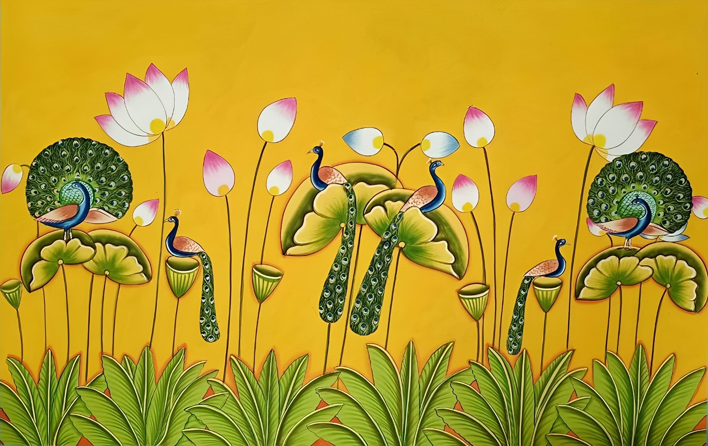 Pichwai Painting of Peacock, Flower Design Pichwai Paintng, Wall Art, Stone Color on Cloth ...